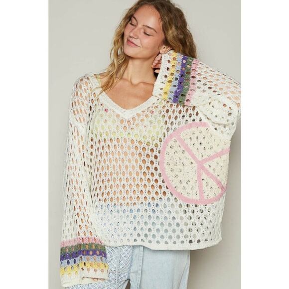 POL | Sweaters | Pol Ivory Vneck Long Sleeve Crochet Peace Thin Sweater ...